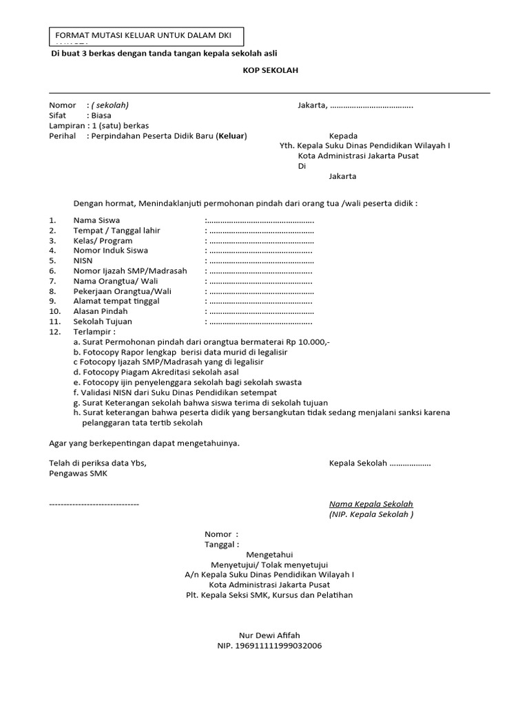 Format Mutasi Keluar Masuk SMK 2023 | PDF