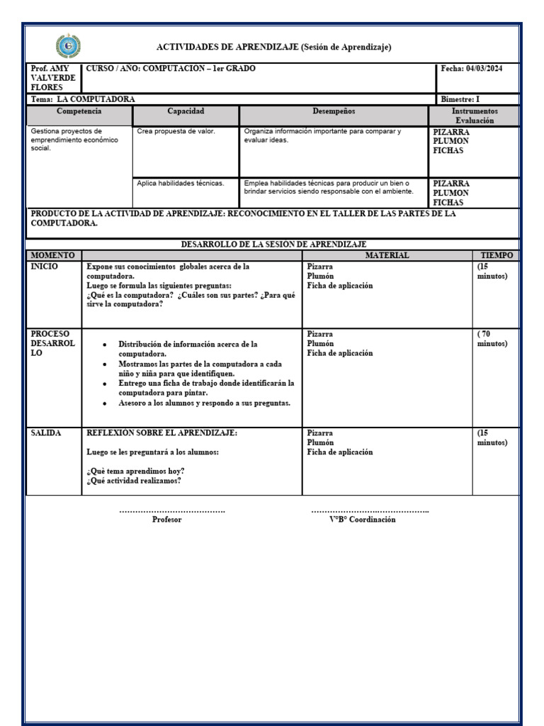 ACTIVIDAD DE APRENDIZAJE - SESION DE CLASE 1º grado | PDF | Aprendizaje | Modificación de ...