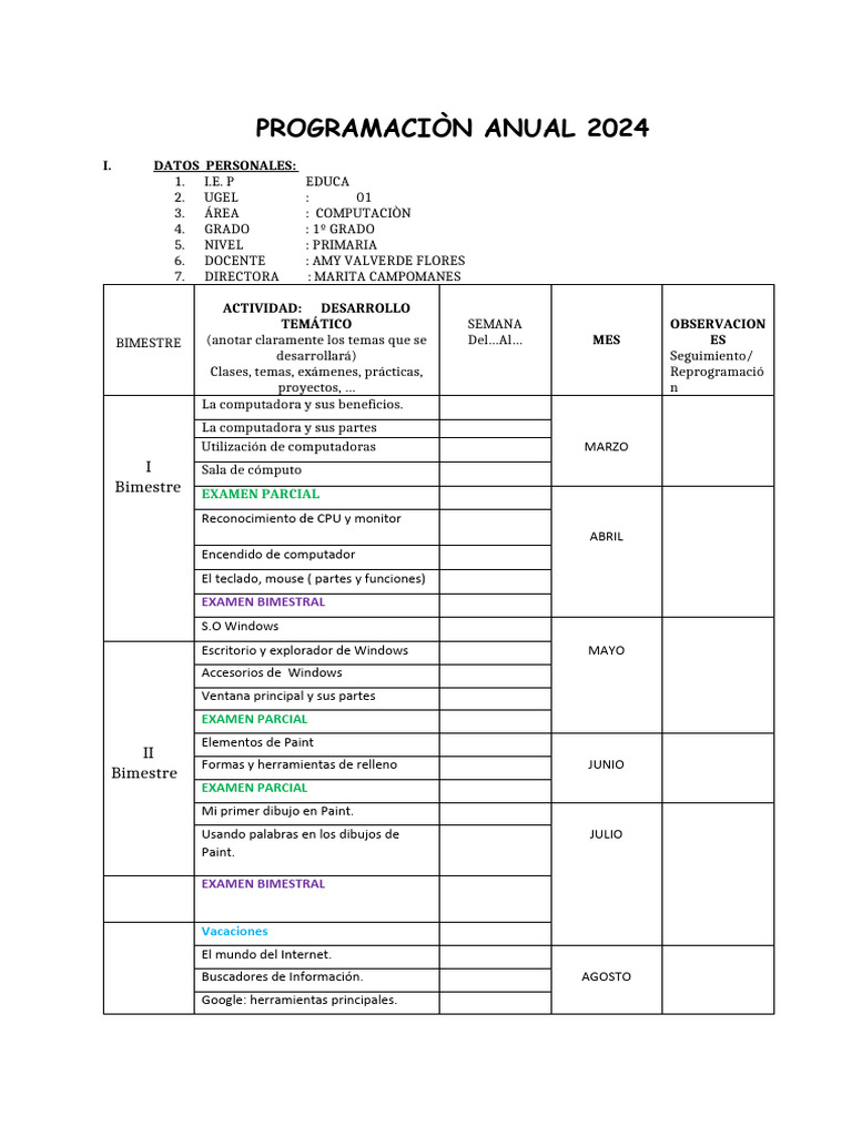 Programacion Anual - Computaciòn - Primer Grado | PDF | Informática | Equipo de oficina