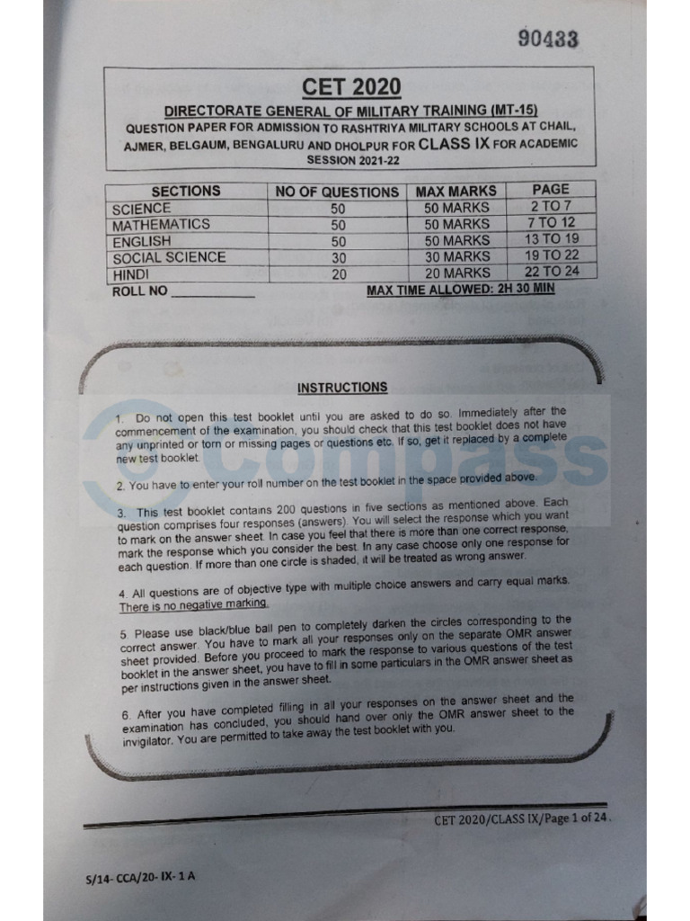 RMS 2021 Question Paper For Class 9th 1 | PDF