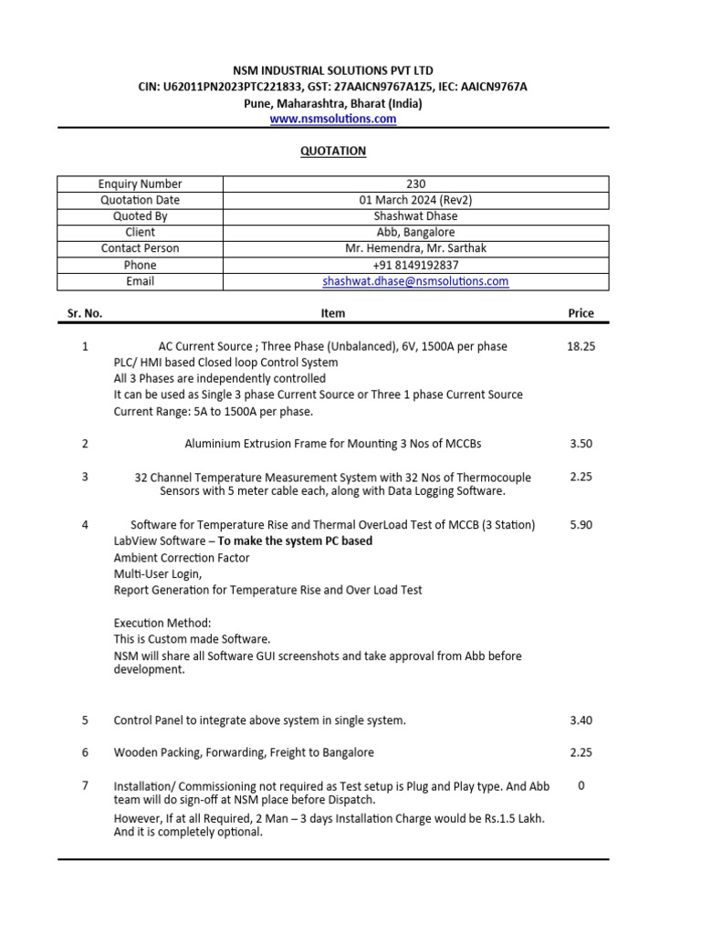 Quotation for ABB Enquiry 230 | PDF | Electrical Engineering