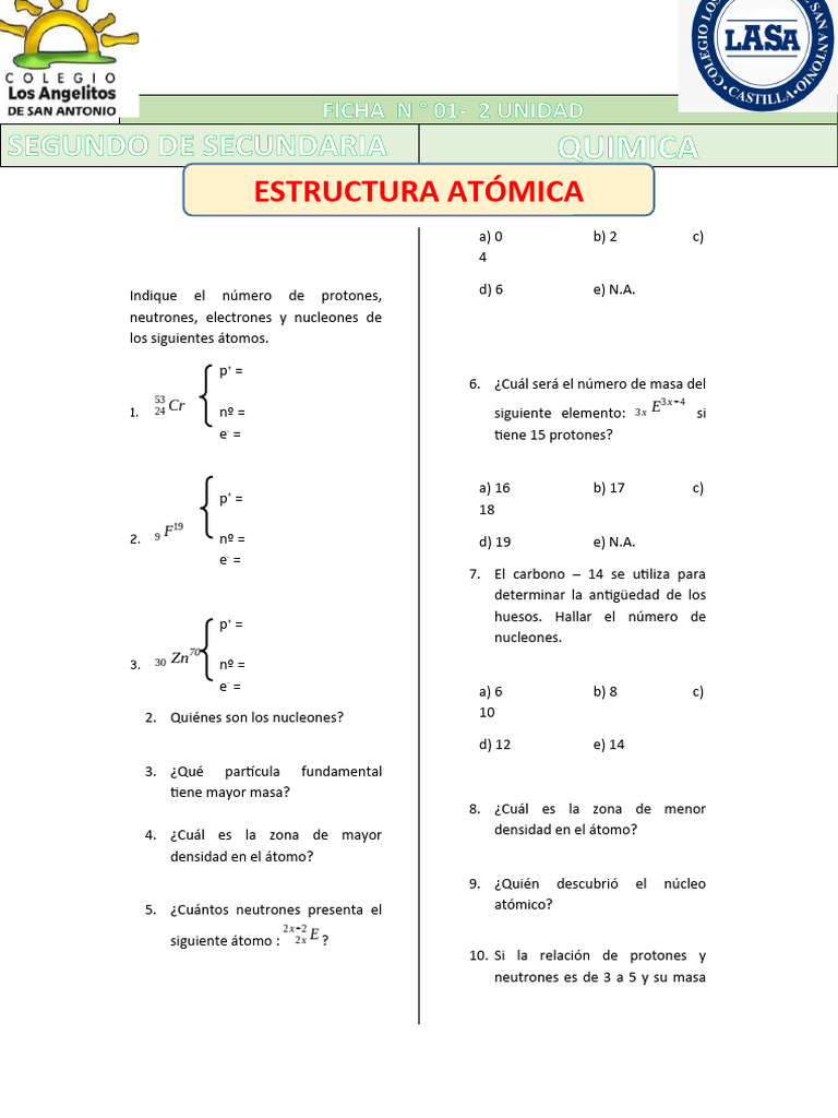 Ficha N°1 - Unidad 2 Quimica - Segundo Sec | PDF | Átomos | Protón