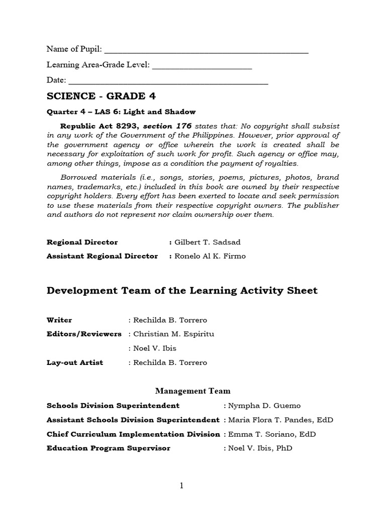 Science4 q4LAS6 Lightandshadow v1 | PDF | Shadow | Sky