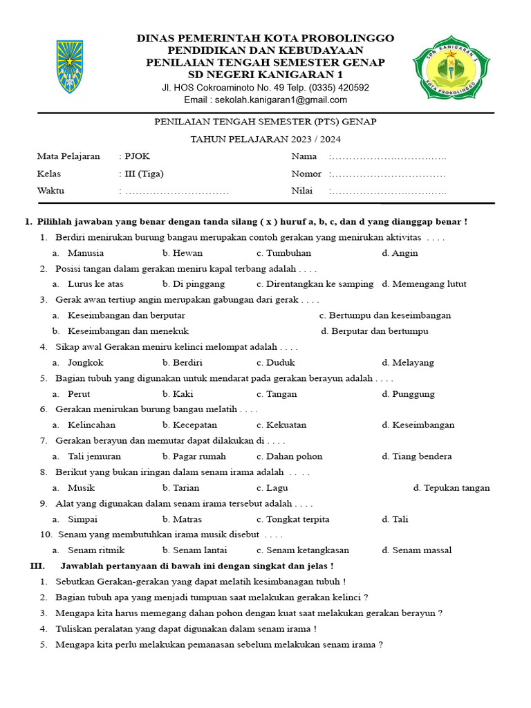 Soal PTS Genap Pjok Kelas 3 Tahun 2023-2024 | PDF