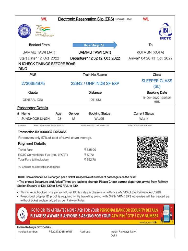 Uhp Indb SF Exp Sleeper Class (SL) : WL Electronic Reservation Slip (ERS) WL | Download Free PDF ...