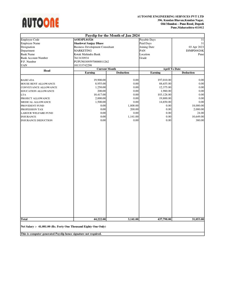 PaySlip Jan 2024 | PDF | Public Finance | Taxation