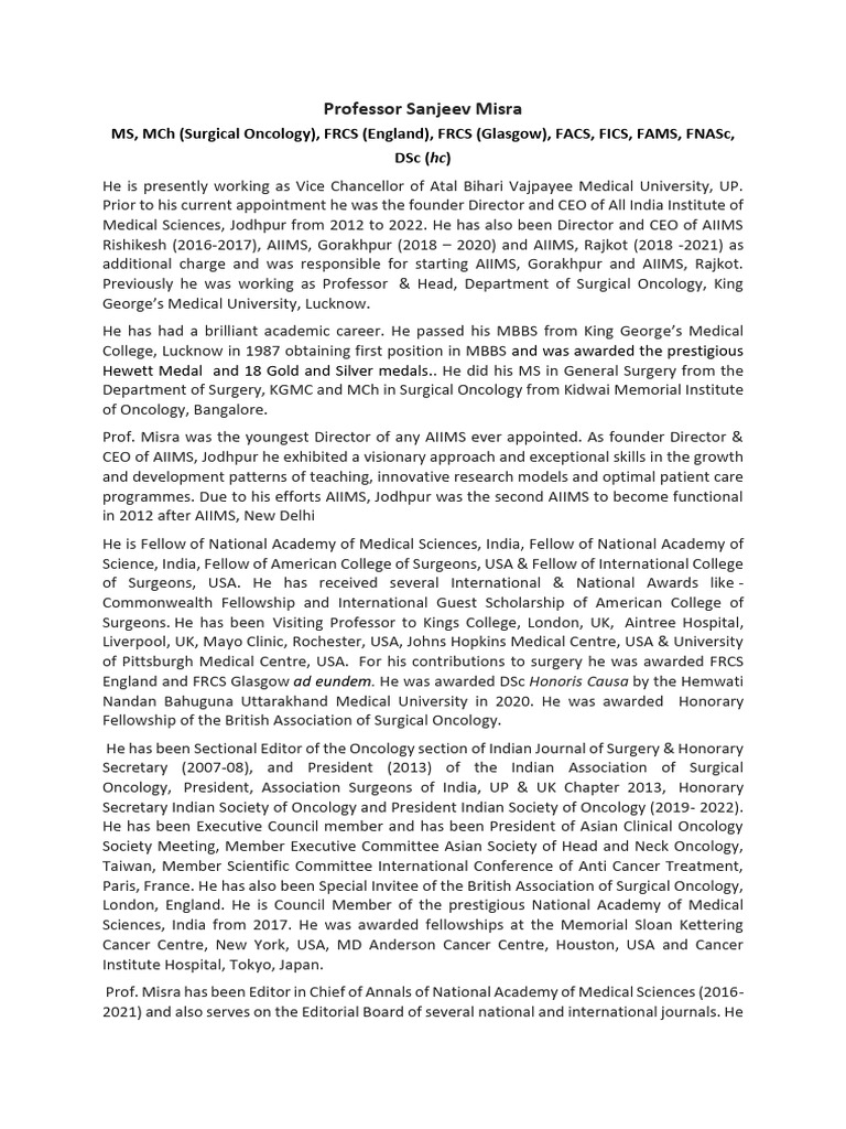 Professor Sanjeev Misra Brief | Download Free PDF | Oncology | Medicine