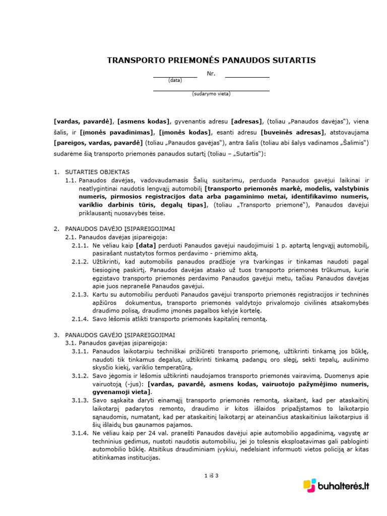 Transporto Priemones Panaudos Sutartis | PDF