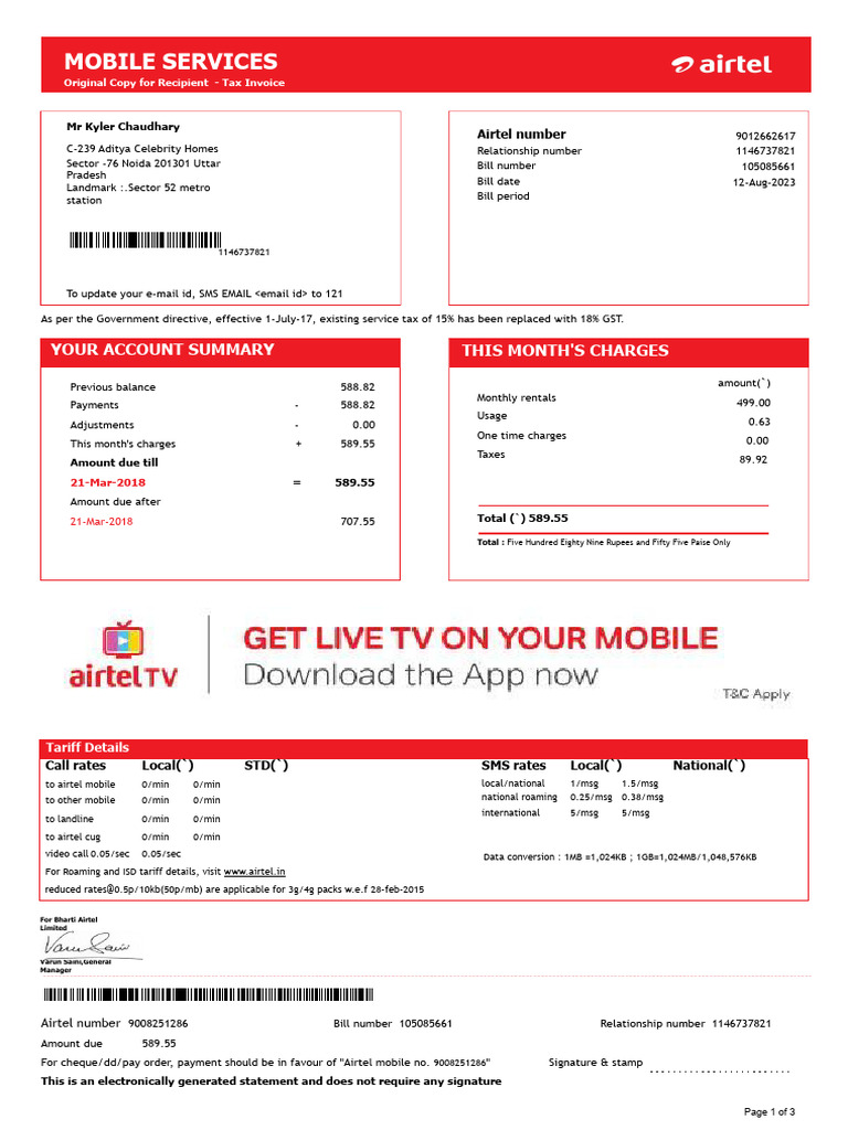 Airtel Bill PDF | PDF | Payments | Taxes