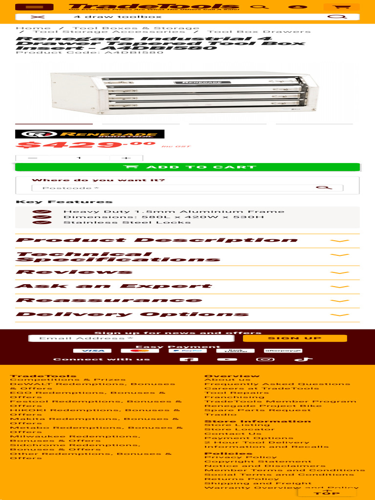 Renegade Industrial 4 Drawer Tapered Tool Box Insert - A4DBI580 ...