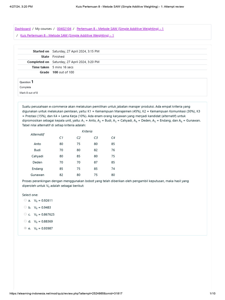 Kuis Pertemuan 8 - Metode SAW (Simple Additive Weighting) - 1 - Attempt ...