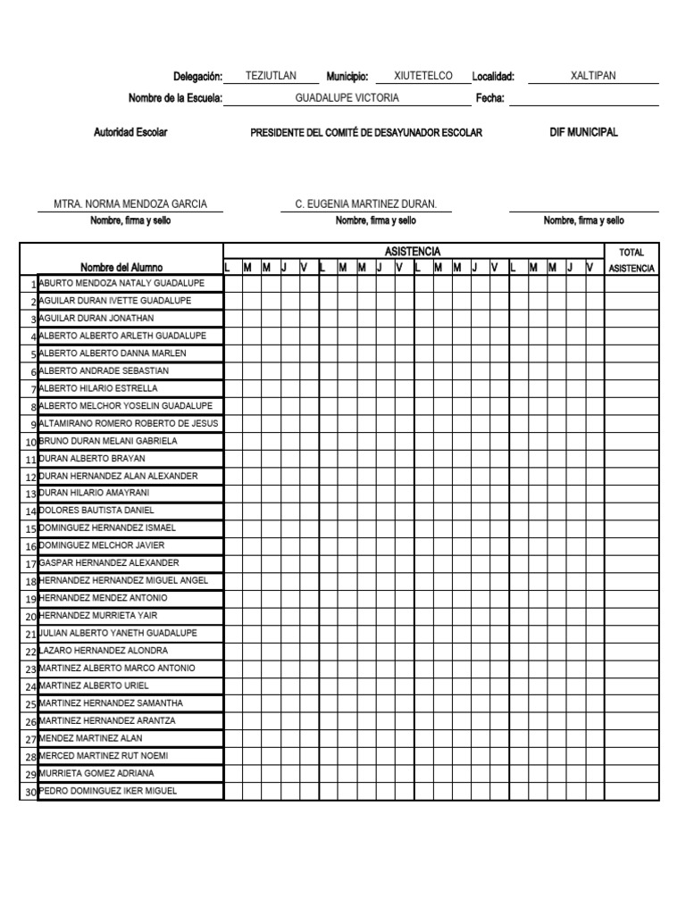 1° A Formato Control de Asistencia | PDF