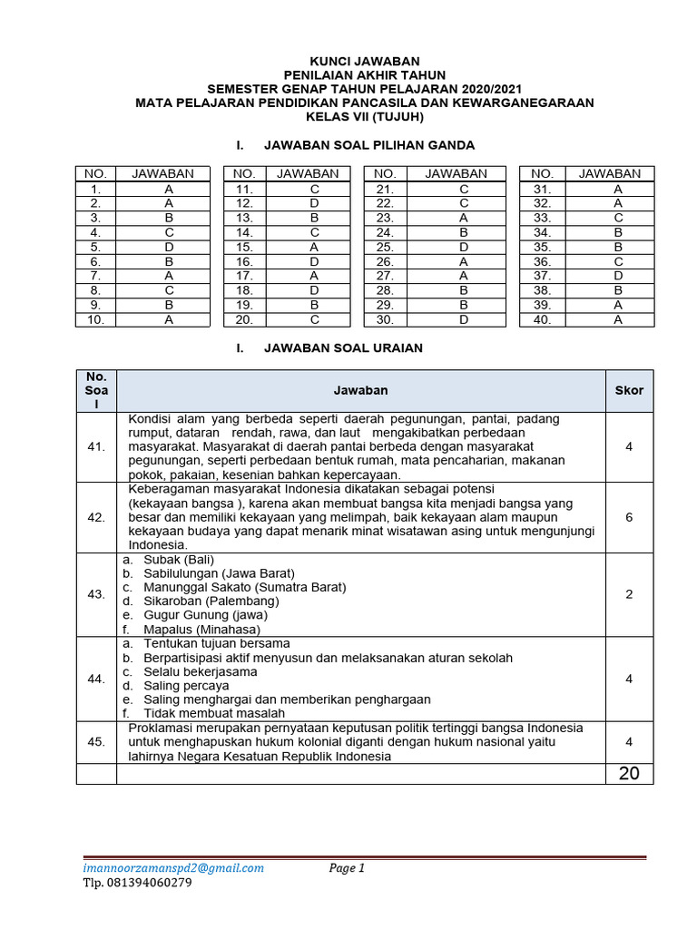 Kunci Jawaban PAT PPKN 7 TP 2020-2021 | PDF