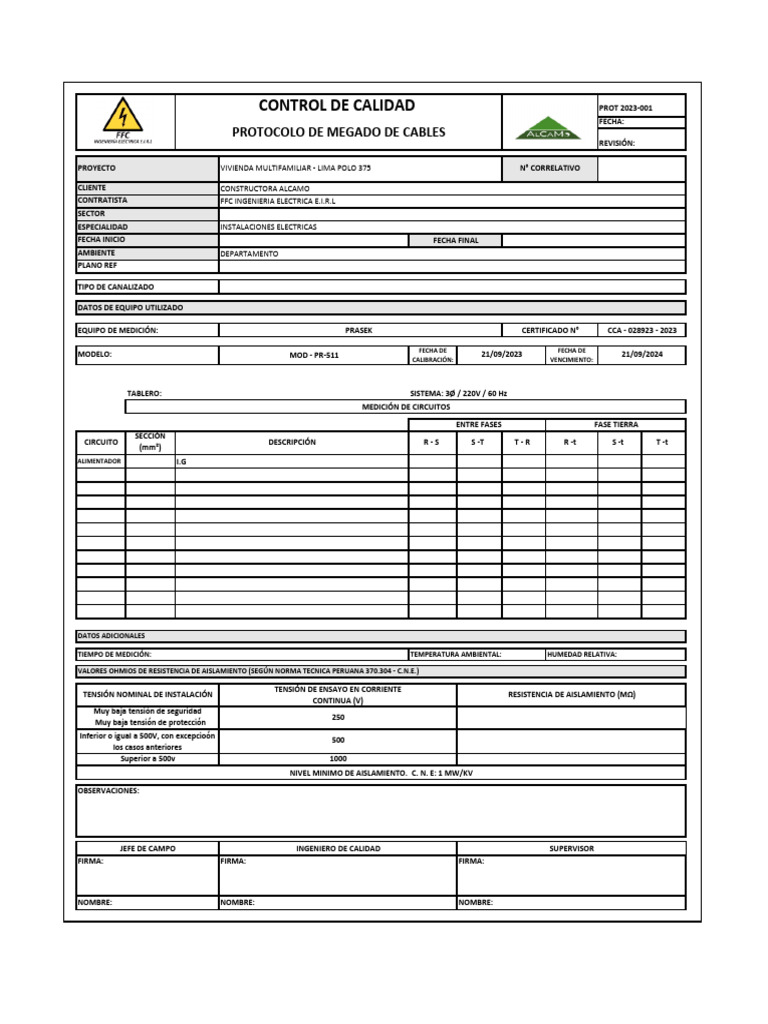 Protocolo de Megado de Cables | PDF | Resistencia Eléctrica y Conductancia | Metrología