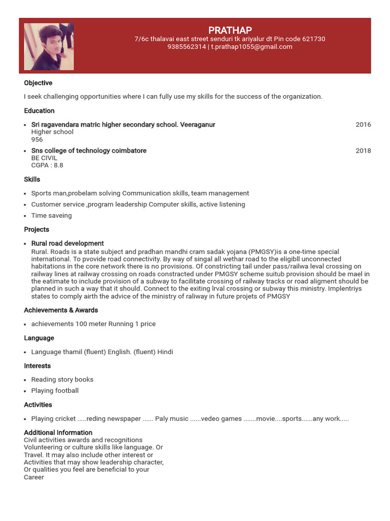 Civil Engineering Resume of Prathap | PDF