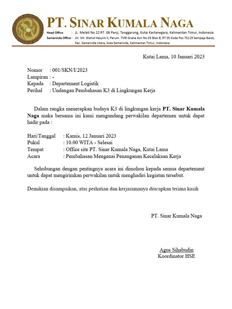 Undangan Pembahasan K3 PT. Sinar Kumala | PDF