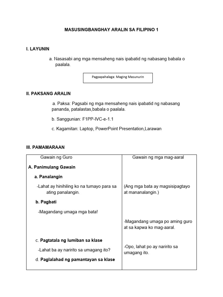 Detailed Lesson Plan Filipino 1 | PDF