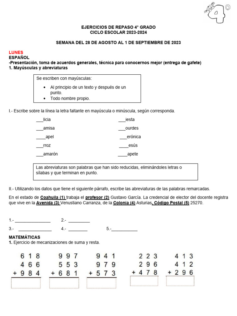 Hojas De Trabajo De Repaso De Matemáticas De Cuarto Grado EJERCICIOS