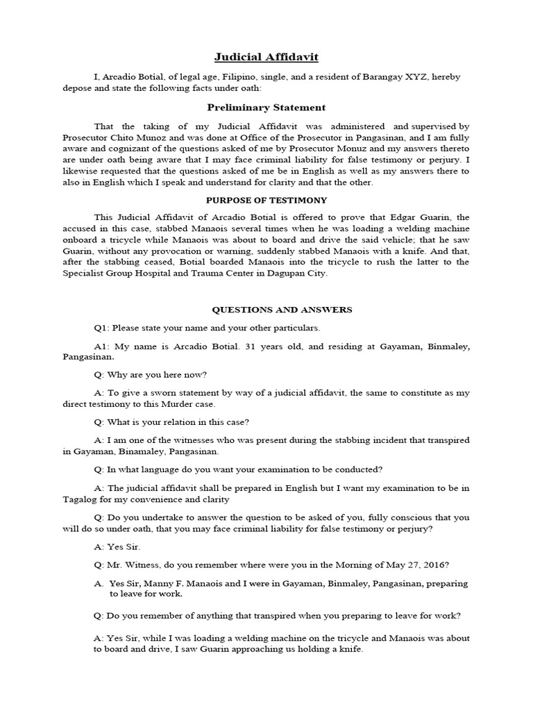 Judicial Affidavit of Arcadio Botial | PDF | Affidavit | Perjury