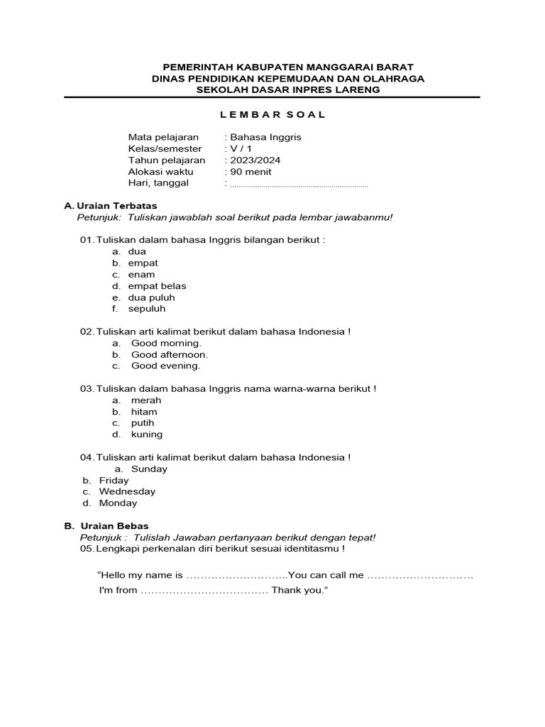 SOAL PTS BAHASA INGGRIS KELAS IV Semester 1 | PDF