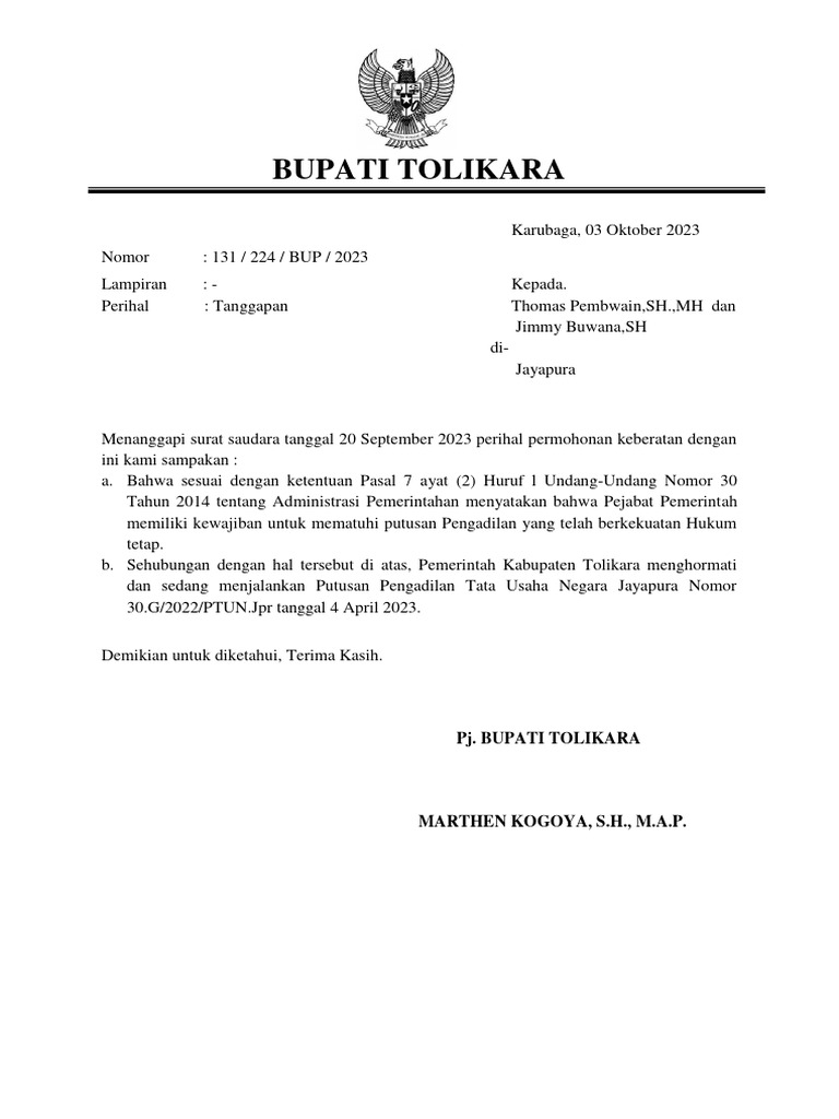 Surat Tanggapan Keberatan | PDF