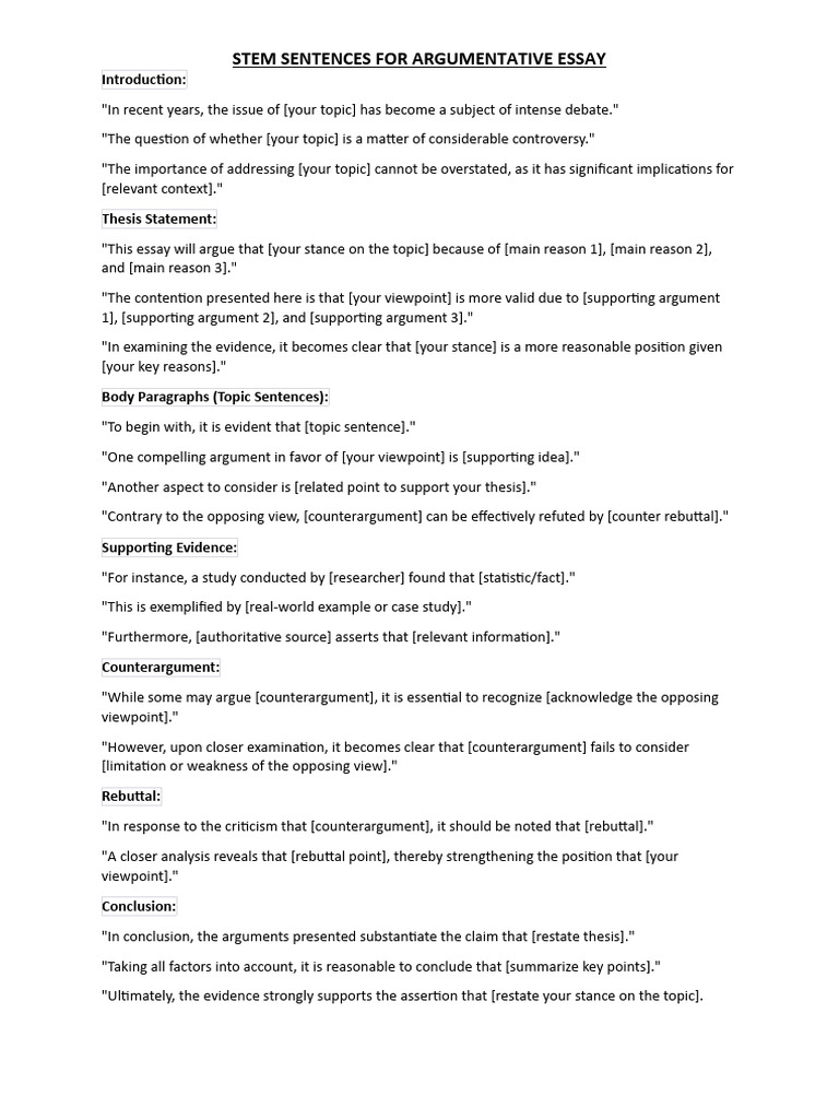 Stem Sentences For Argumentative Essay | PDF