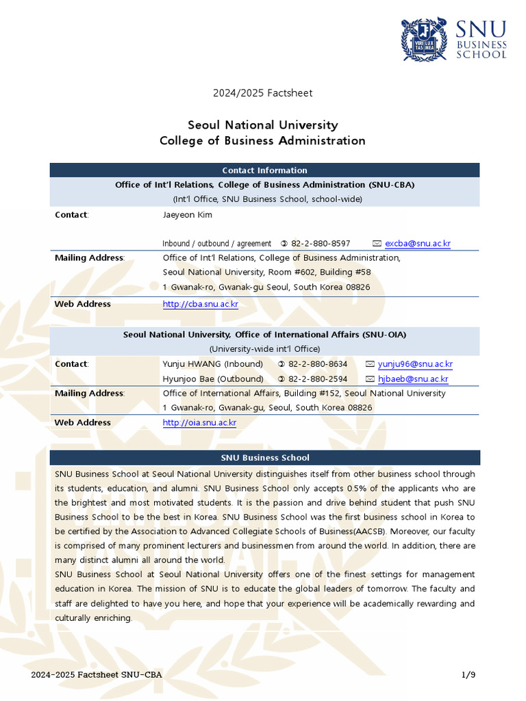 첨부1. Fact Sheet_SNU Business School_2024／25 | PDF | Master Of Business ...