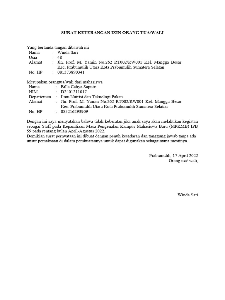 Surat Izin Orang Tua MPKMB IPB 59 | PDF