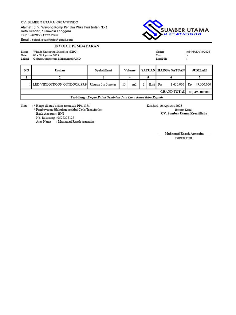 INVOICE LED OUTDOOR (SUMBER kREATIFINDO) | PDF