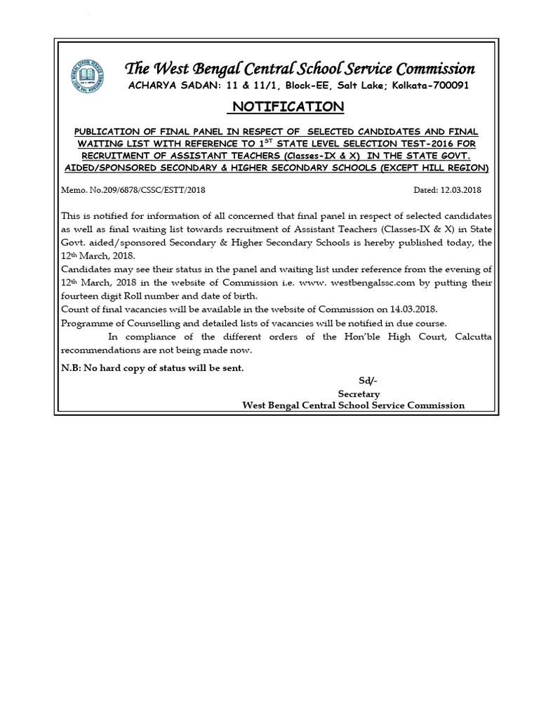 WB School Service Commission 1st SLST Final Result 2016 Notice For Classes Ix X | PDF