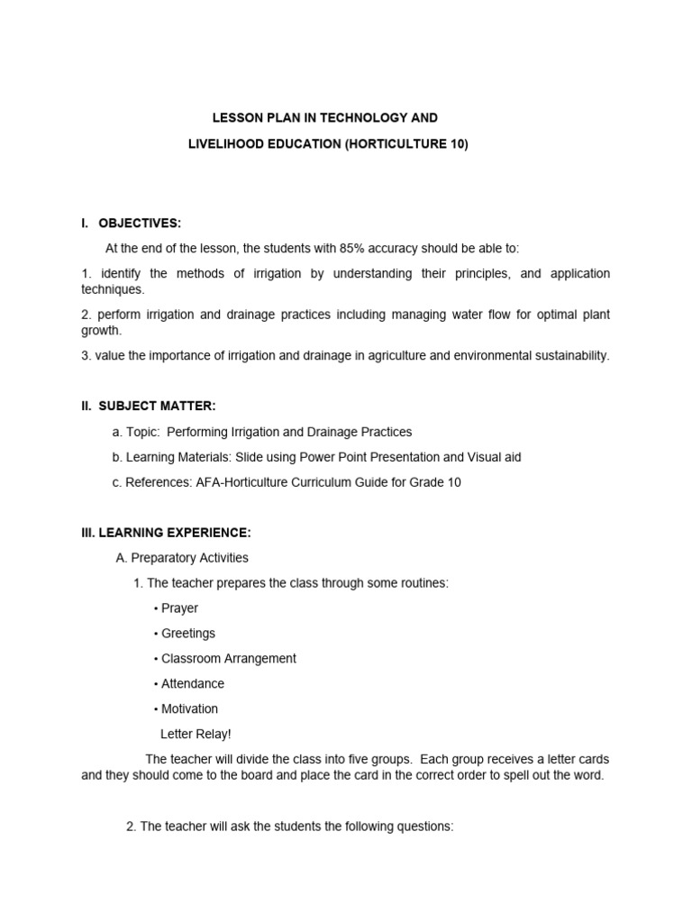 Horticulture 10: Irrigation Practices Lesson | PDF | Teachers | Irrigation