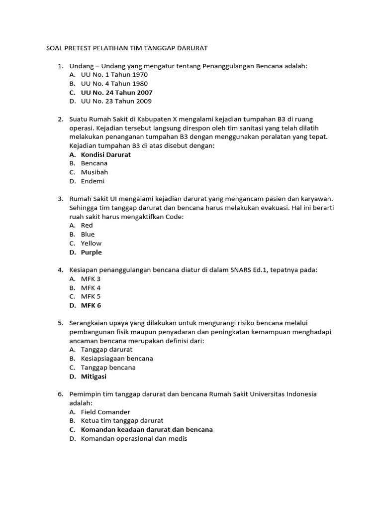 Soal Pretest Pelatihan Tim Tanggap Darurat | PDF | Sains & Matematika