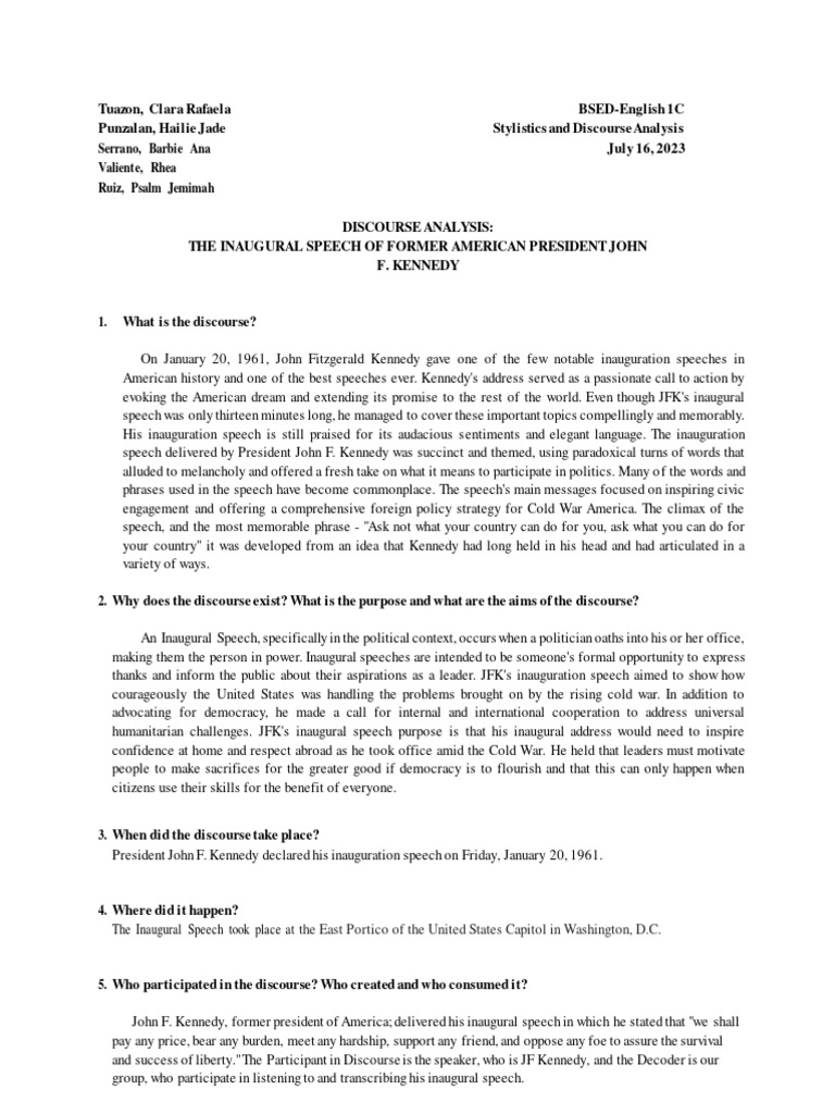 GROUP 6 INAUGURAL SPEECH ANALYSIS | PDF | John F. Kennedy | Rhetoric