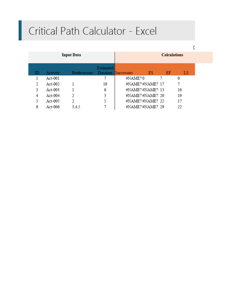 Excel Critical Path Calculator Guide | PDF | Computers | Technology ...