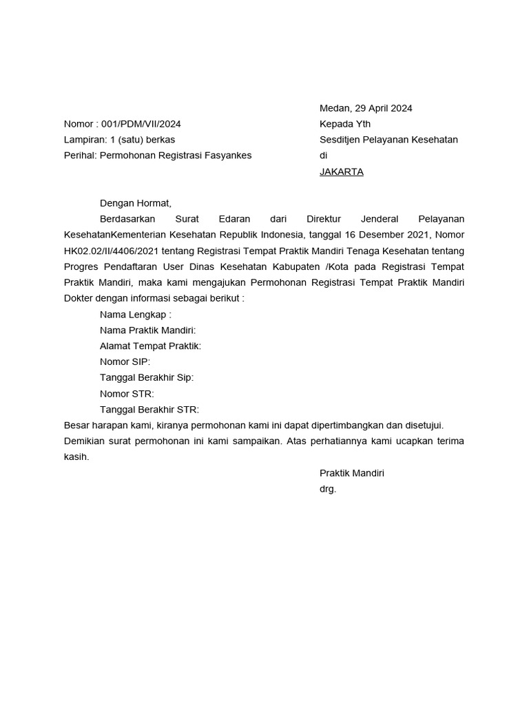 Contoh Permohonan Registrasi Fasyankes | PDF | Hukum