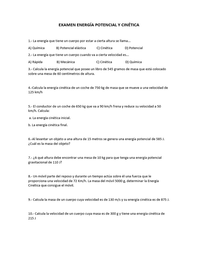 Examen Energía Potencial y Cinética | PDF