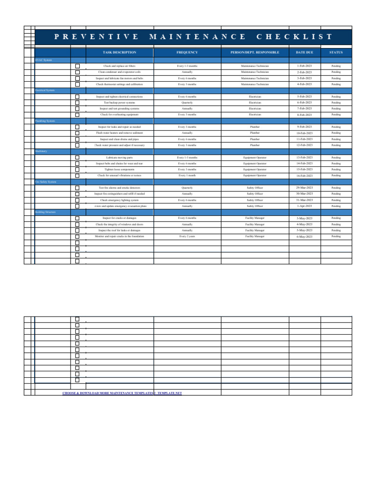 Blank Preventive Maintenance Checklist Template | PDF | Plumbing ...
