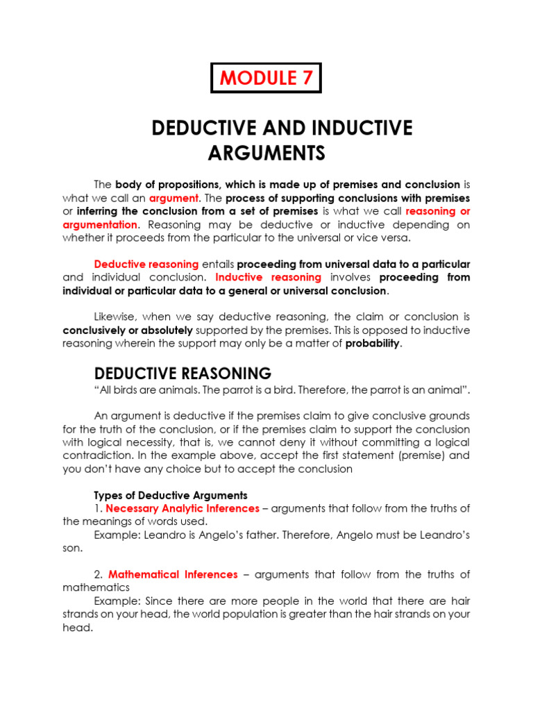 MODULE 7 Deductive and Inductive Reasoning 1 | PDF | Argument | Deductive Reasoning