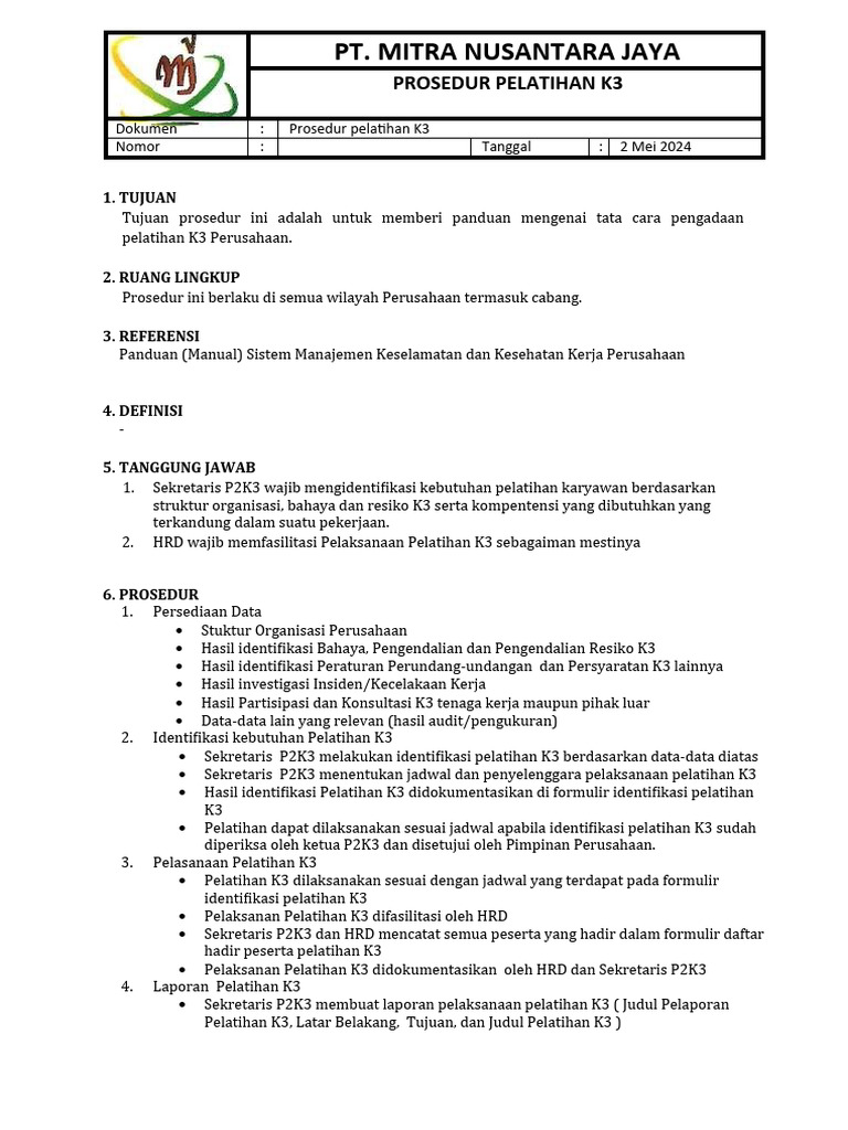 Prosedur Pelatihan K3 | PDF