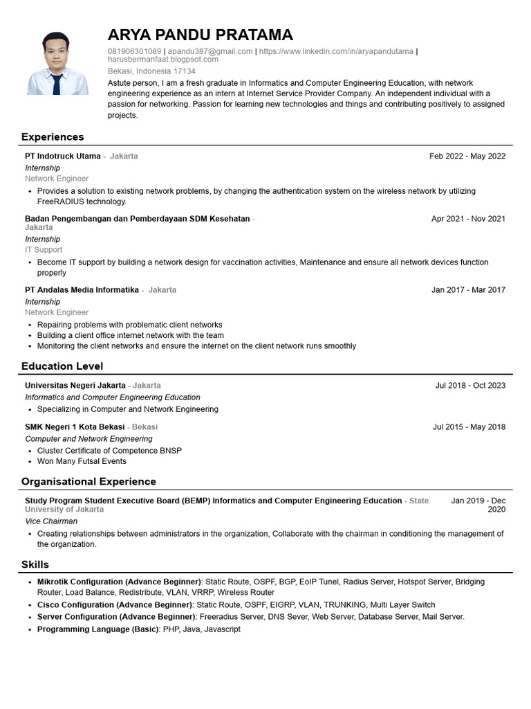 Arya Pandu Pratama-Resume | Download Free PDF | Computer Network | Computer Networking