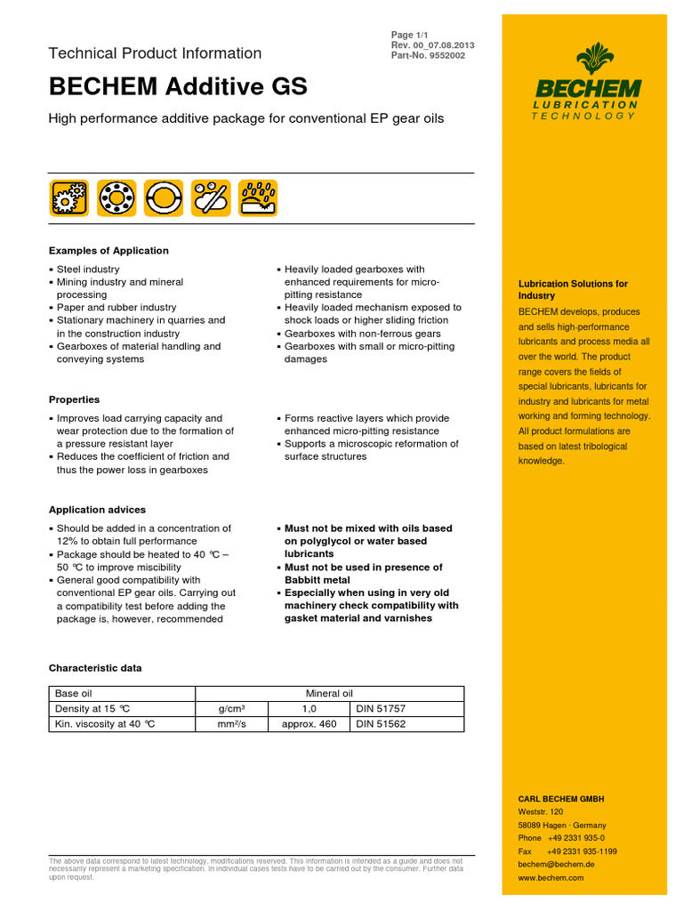 Bechem Additive Gs | PDF | Lubricant | Friction