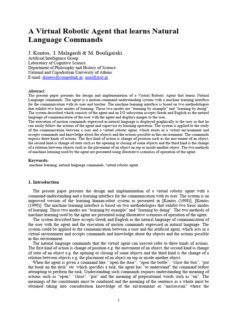 Virtual Robotic Agent Learns Commands | PDF | Lexicon | Semantics