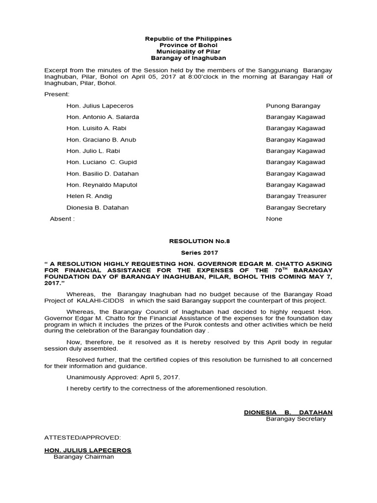 Barangay Resolution FOUNDATION DAY. | PDF