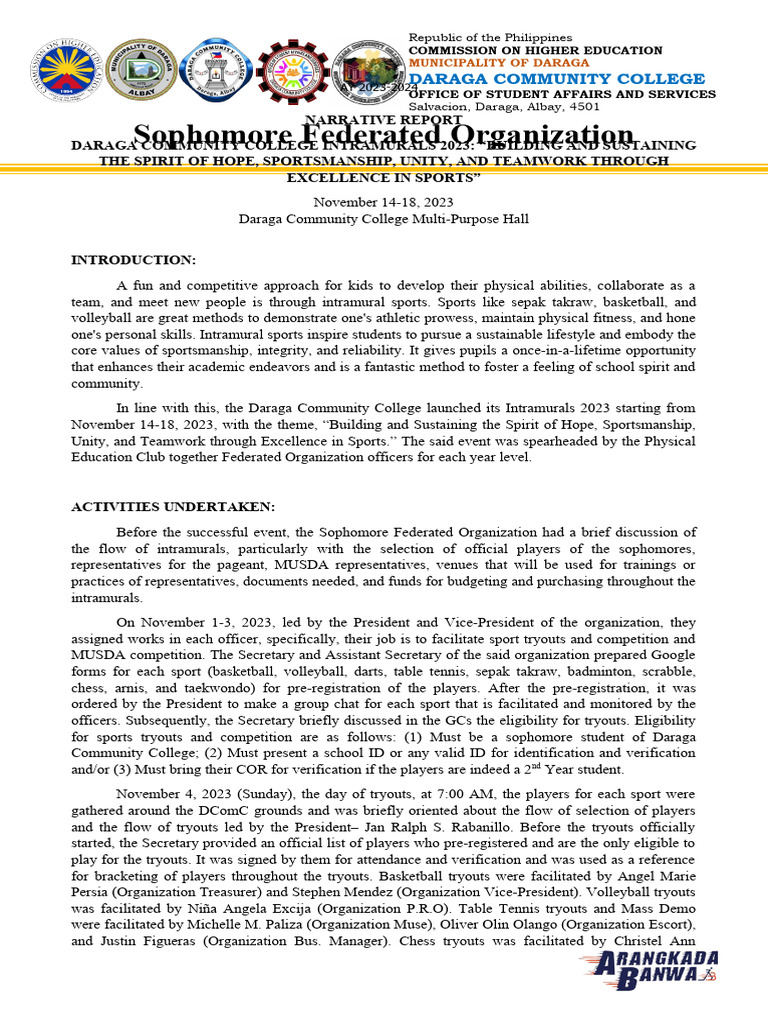 Narrative Report - Sfo 2023 | PDF | Sports