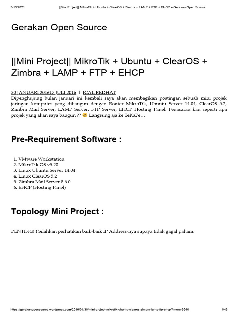 Mini Project - MikroTik + Ubuntu + ClearOS + Zimbra + LAMP + FTP + EHCP - Gerakan Open Source ...