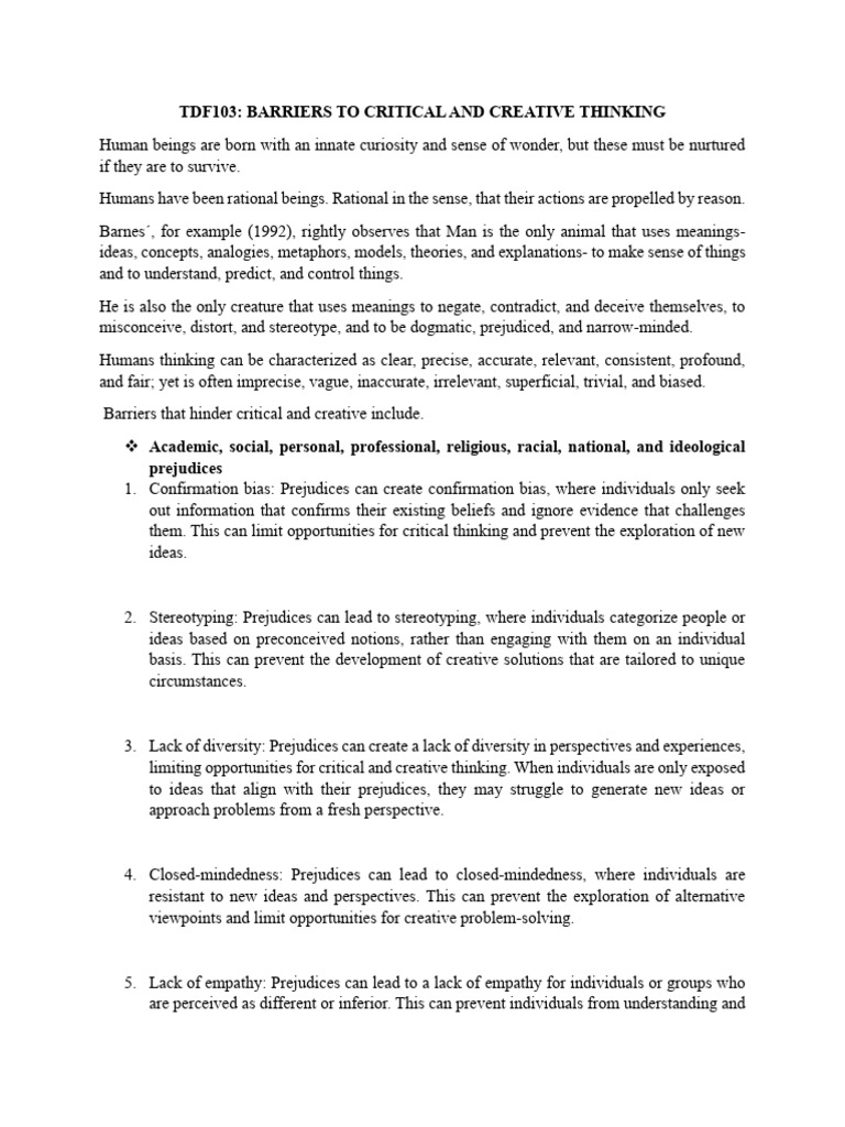 TDF103 Barriers To Critical and Creative Thinking | PDF | Thought ...