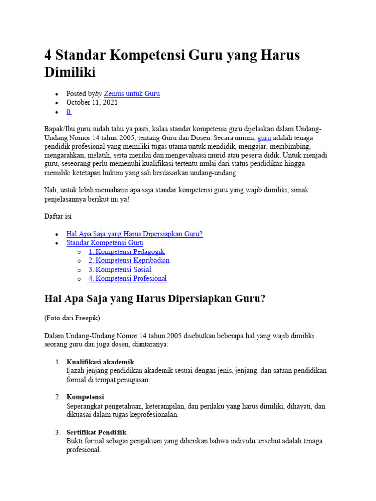 4 Standar Kompetensi Guru Yang Harus Dimiliki | PDF