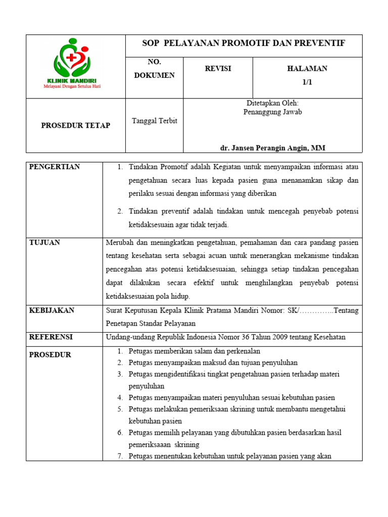 SOP PELAYANAN PROMOTIF DAN PREVENTIF Klinik Pratama Mandiri | PDF