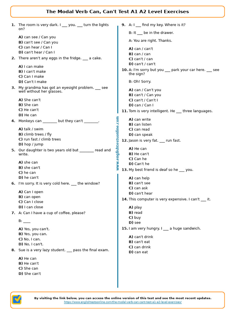 413 - The Modal Verb Can Cant Test A1 A2 Level Exercises | PDF ...