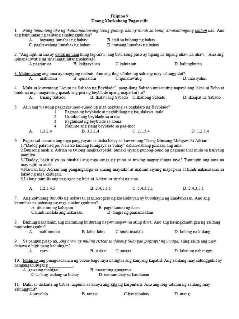 1st Quarter Filipino Exam | PDF